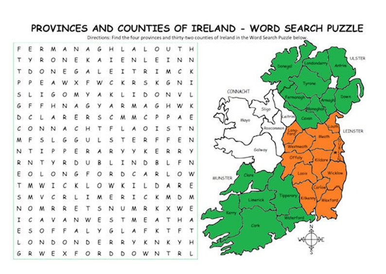 Ireland Printable Map and Word Search Puzzle Activity - Etsy