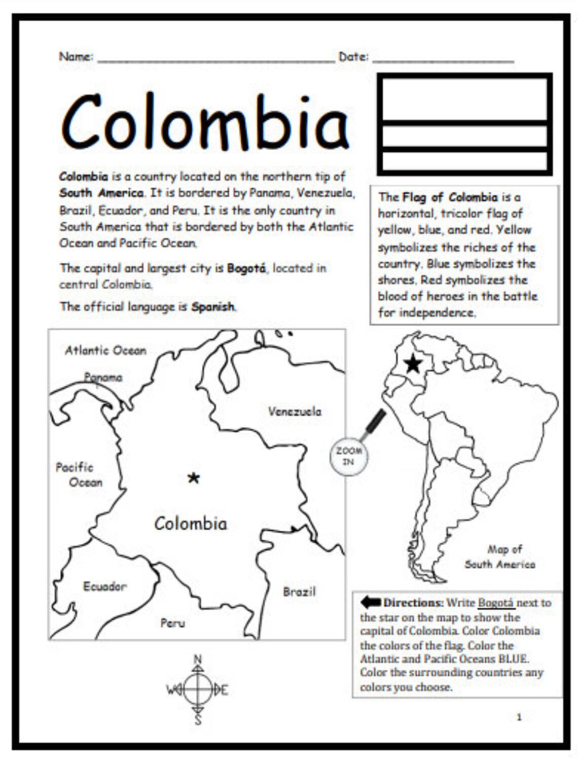 Countries of South America Printable Introductory Geography Worksheets ...