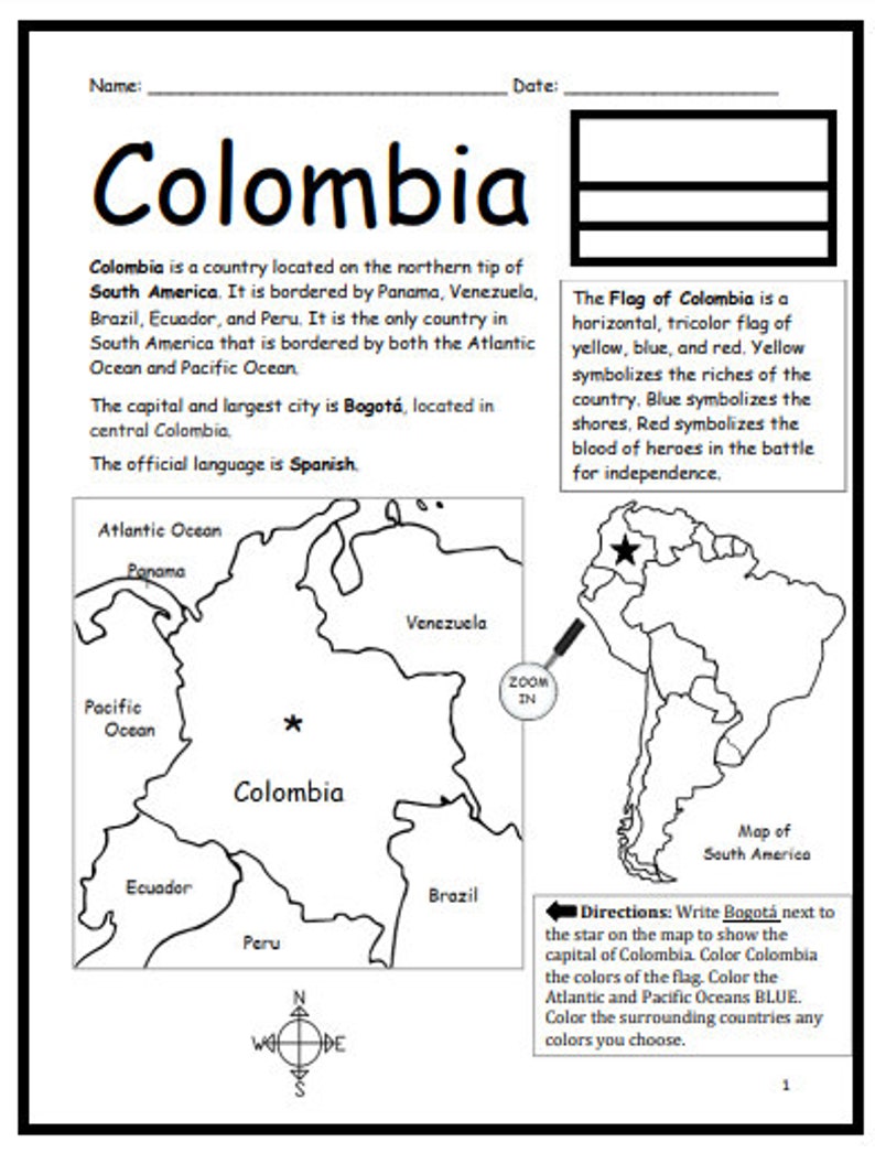 Countries of South America Printable Introductory Geography Worksheets ...