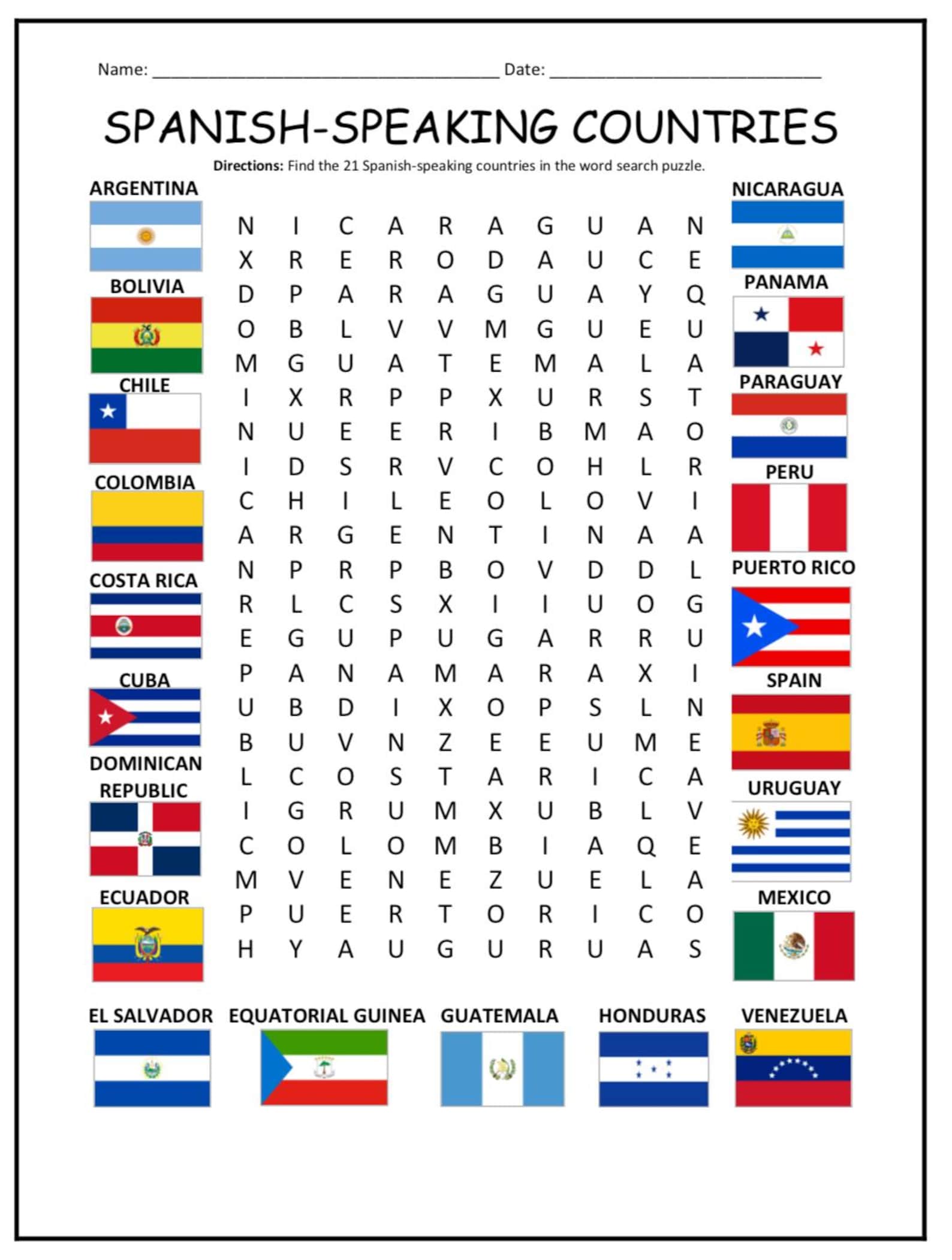 Spanish Speaking Countries Printable Word Search Puzzle - Etsy