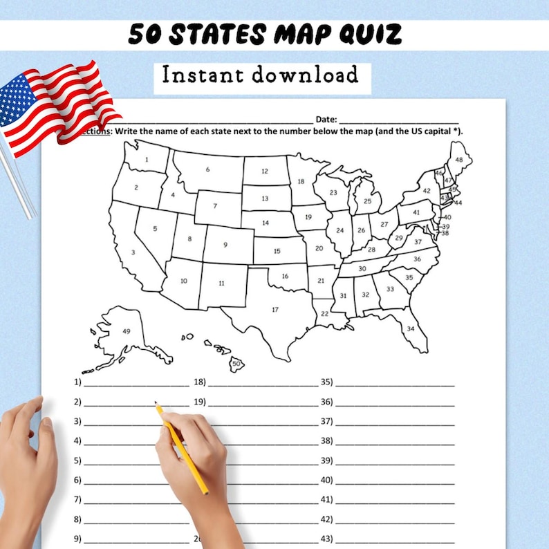 50 States of the USA Map Printable Quiz - Etsy