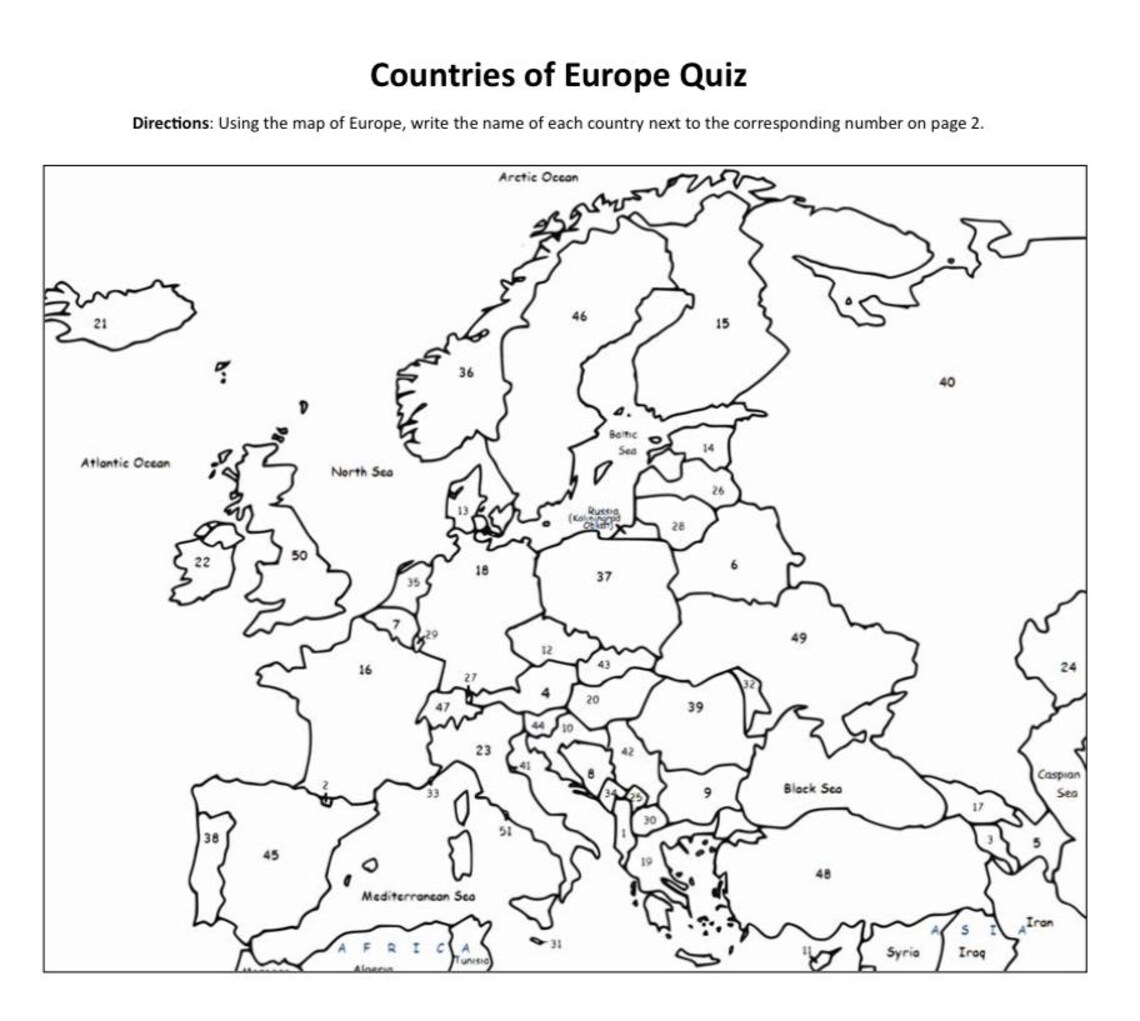 Countries of Europe Printable Quiz Worksheet - Etsy