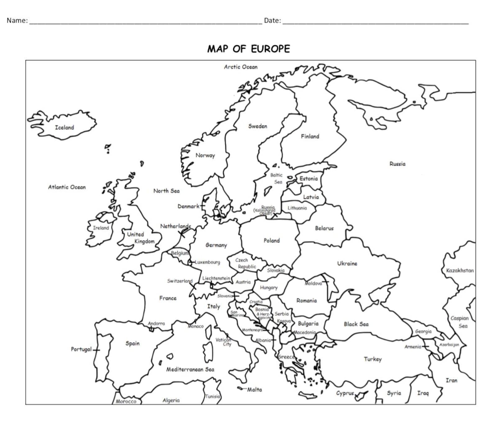 Printable Map of Europe Black and White - Etsy