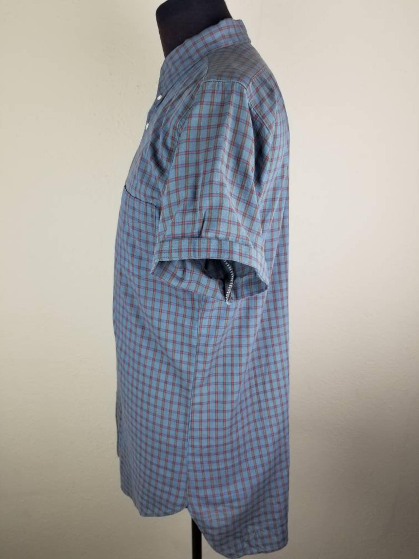 50s Shirt, Rockabilly 1950s Mens Plaid Blue Short Sleeved Shirt 44 Long ...