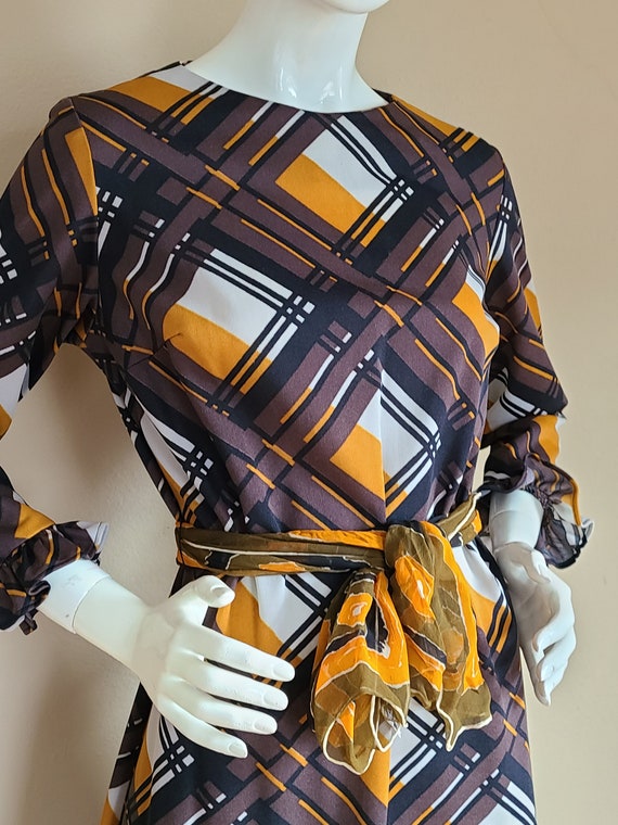 60s gown, long mod dress volup, brown gold black - Gem