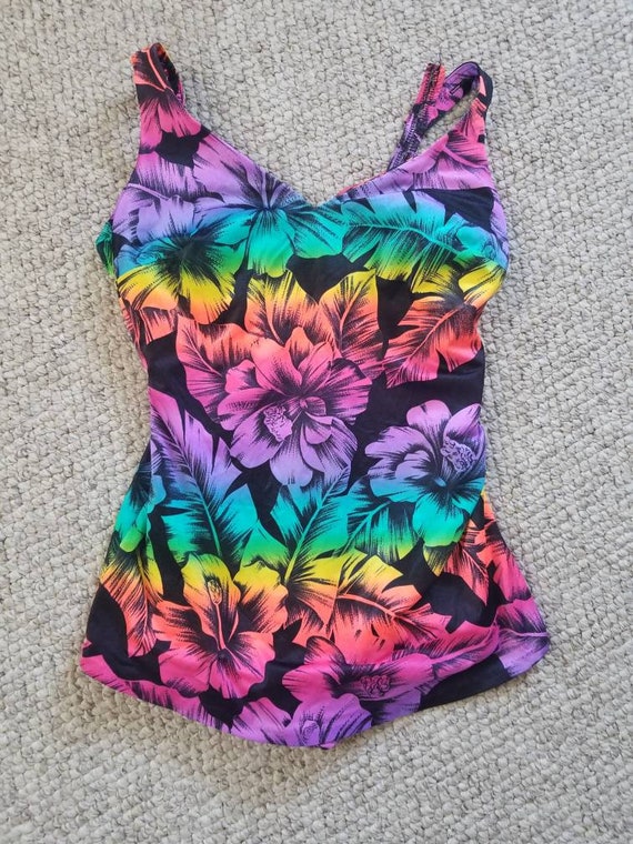 80s floral swimsuit, rainbow bathing suit, 44C, skirt… - Gem