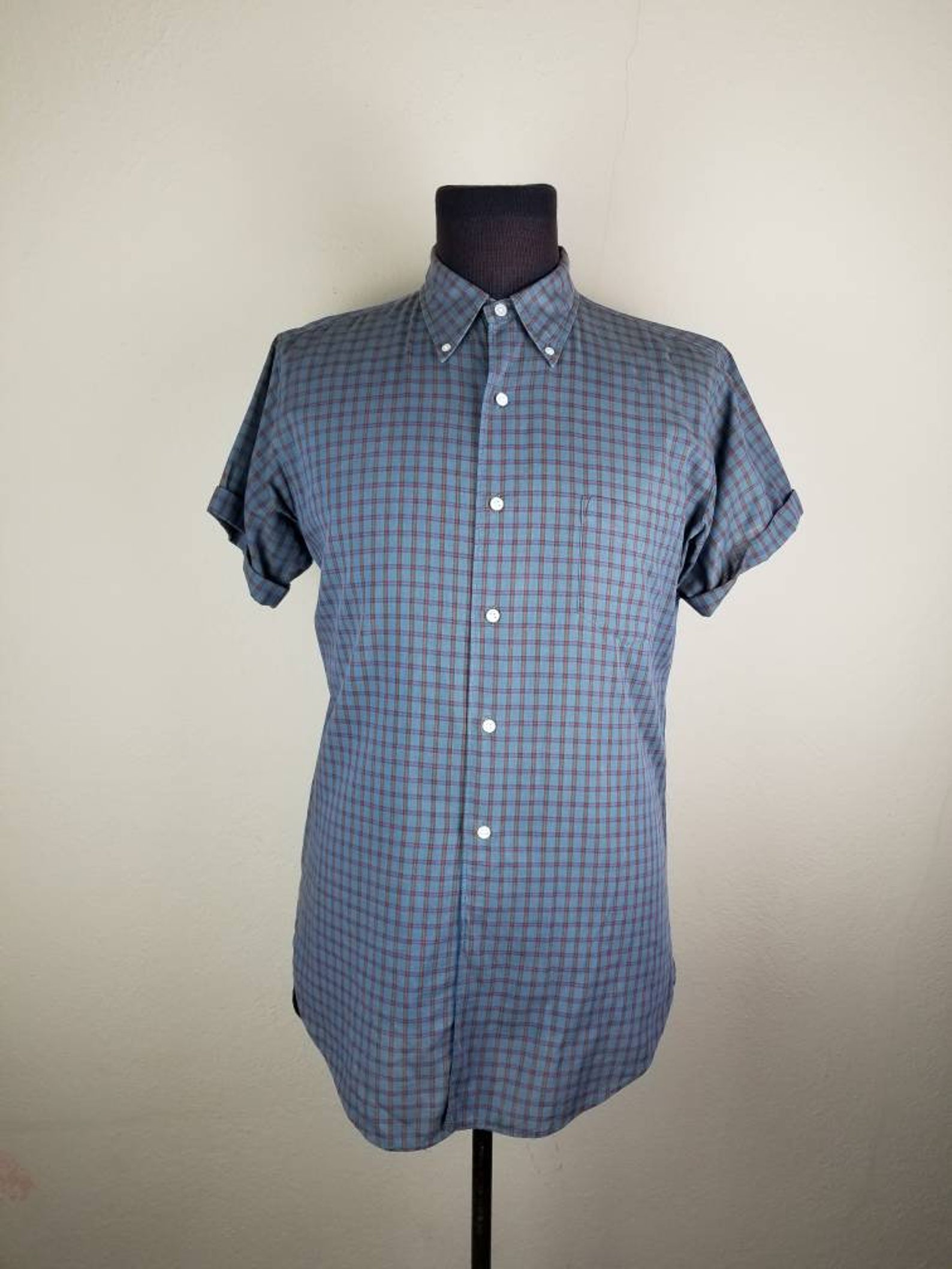 50s Shirt, Rockabilly 1950s Mens Plaid Blue Short Sleeved Shirt 44 Long ...