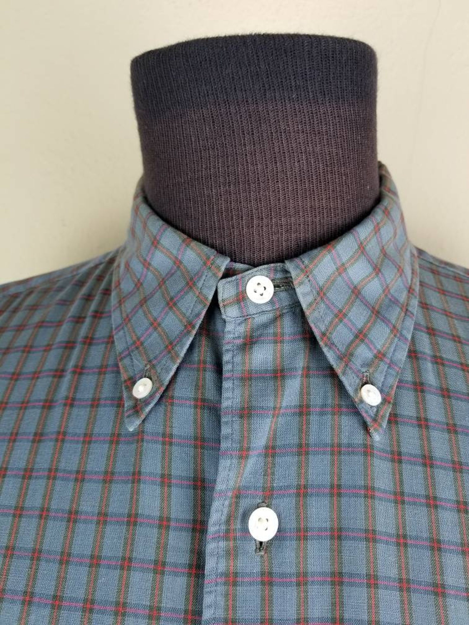 50s Shirt, Rockabilly 1950s Mens Plaid Blue Short Sleeved Shirt 44 Long ...