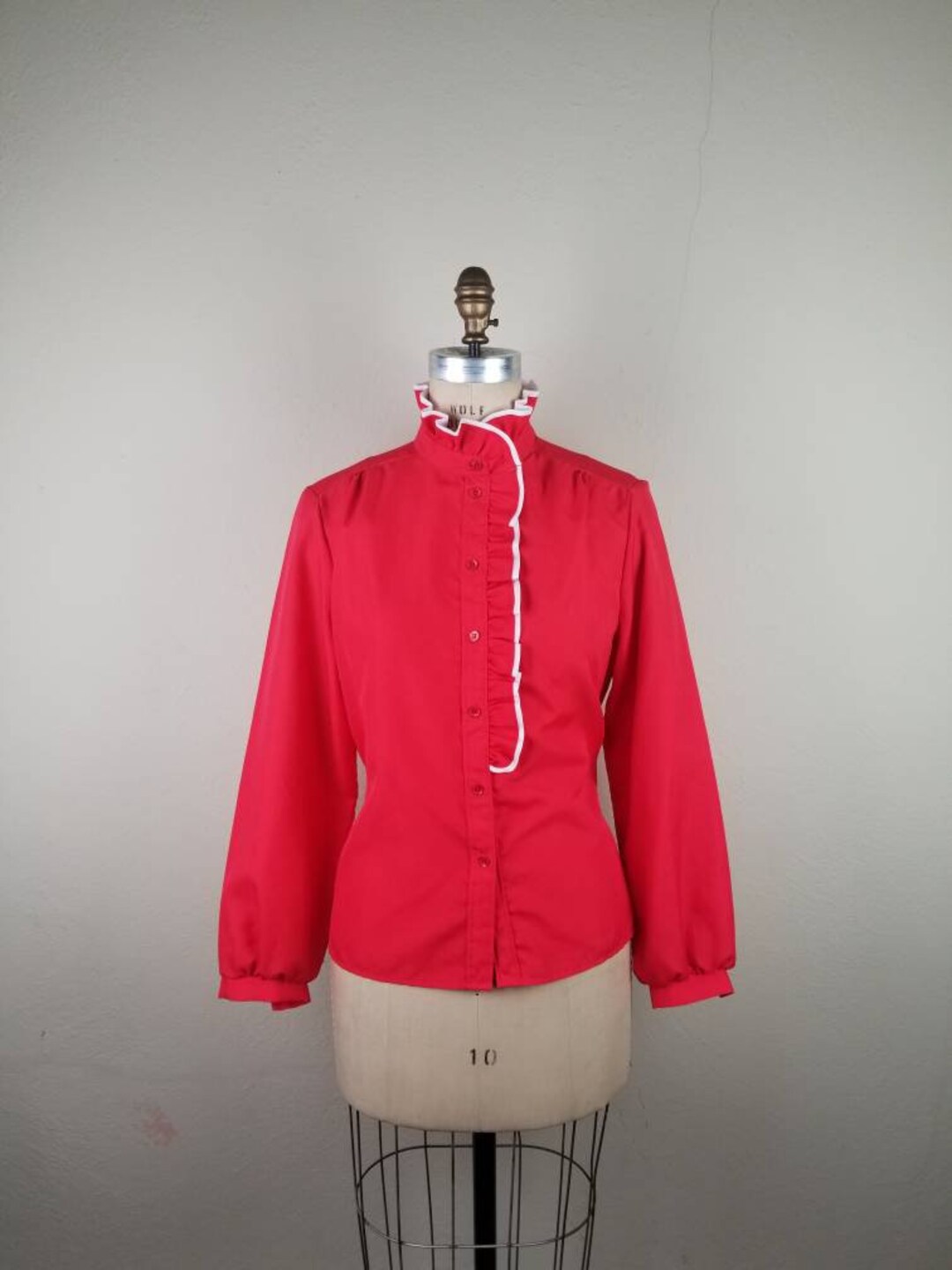 80s, Size 16, Bright Red Blouse, Red With White Trim, Ruffled Front ...