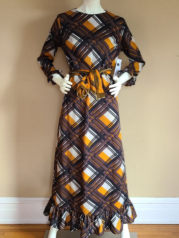 60s gown, long mod dress volup, brown gold black - Gem