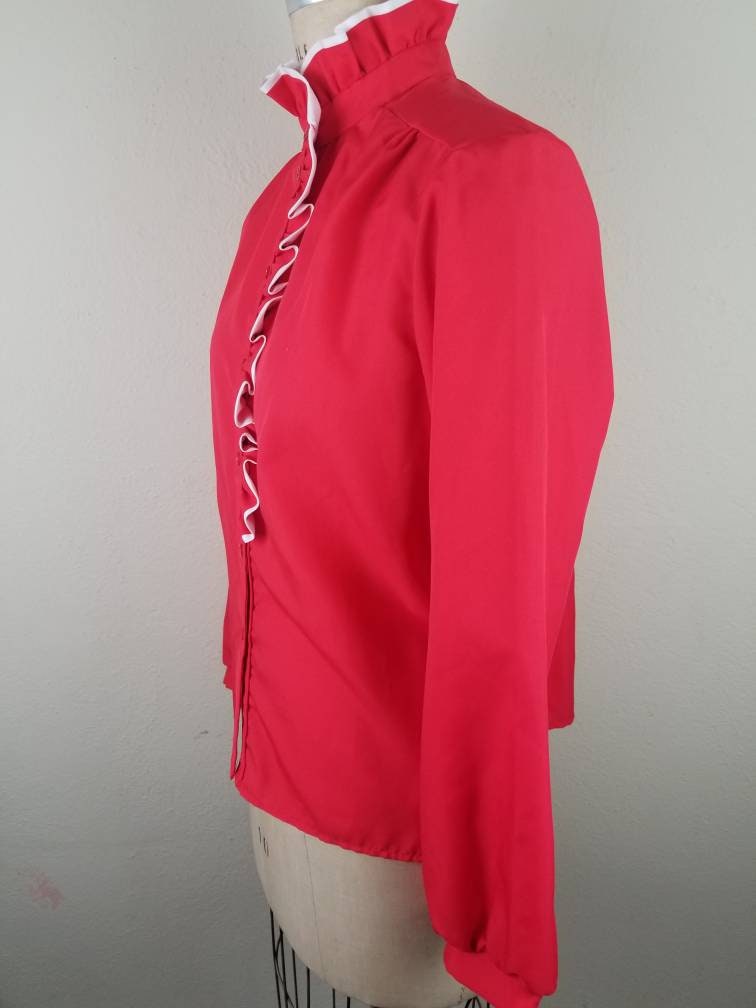 80s, Size 16, Bright Red Blouse, Red With White Trim, Ruffled Front ...