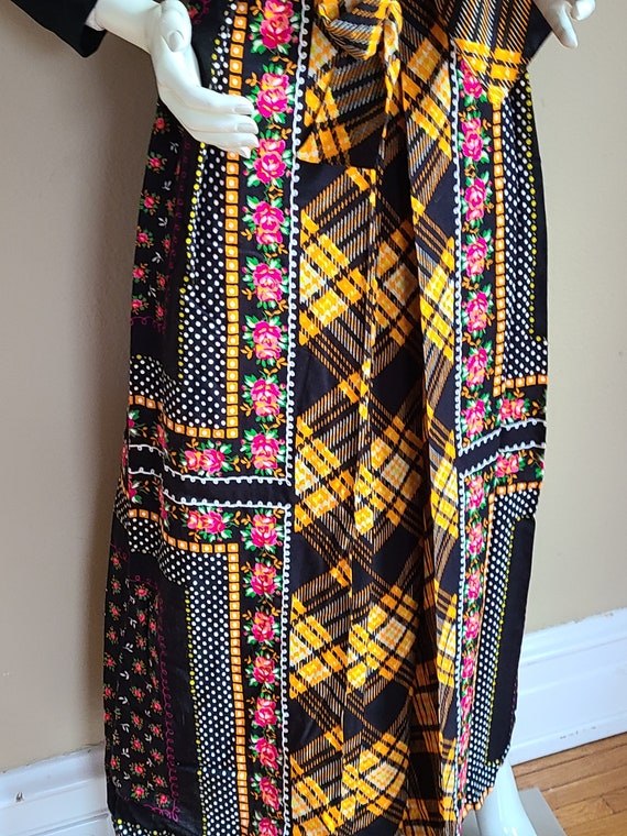 60s gown, long mod dress volup black with colorful s… - Gem