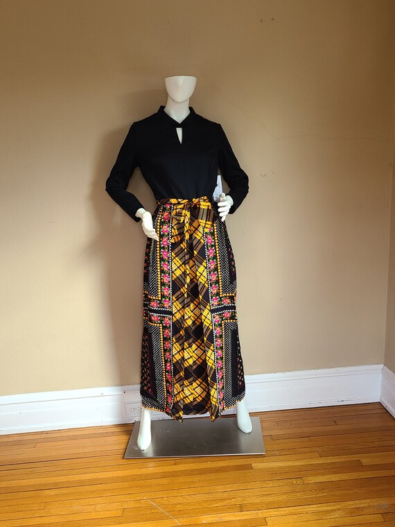 60s gown, long mod dress volup black with colorful s… - Gem