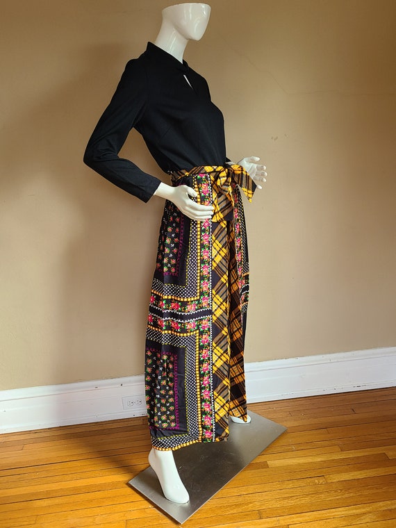 60s gown, long mod dress volup black with colorful s… - Gem