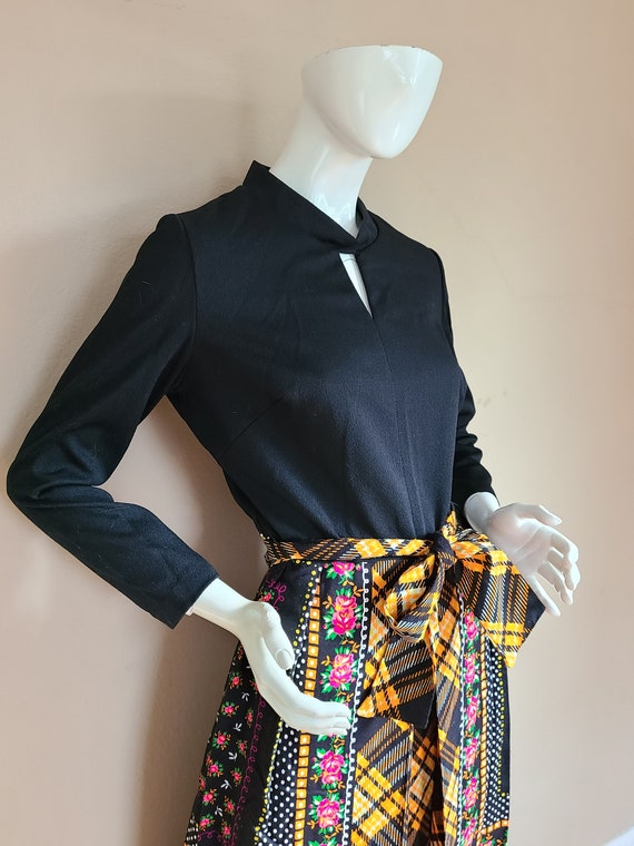 60s gown, long mod dress volup black with colorful s… - Gem