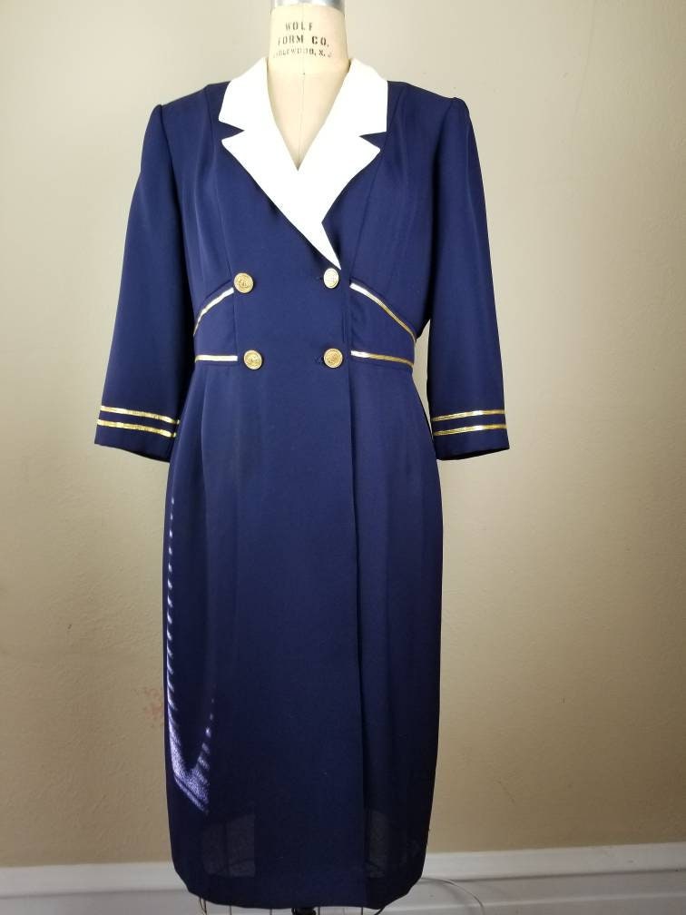 80s Dress, Navy Dress, Sailor, Stewardess Flight Attendant, Size 14 - Etsy