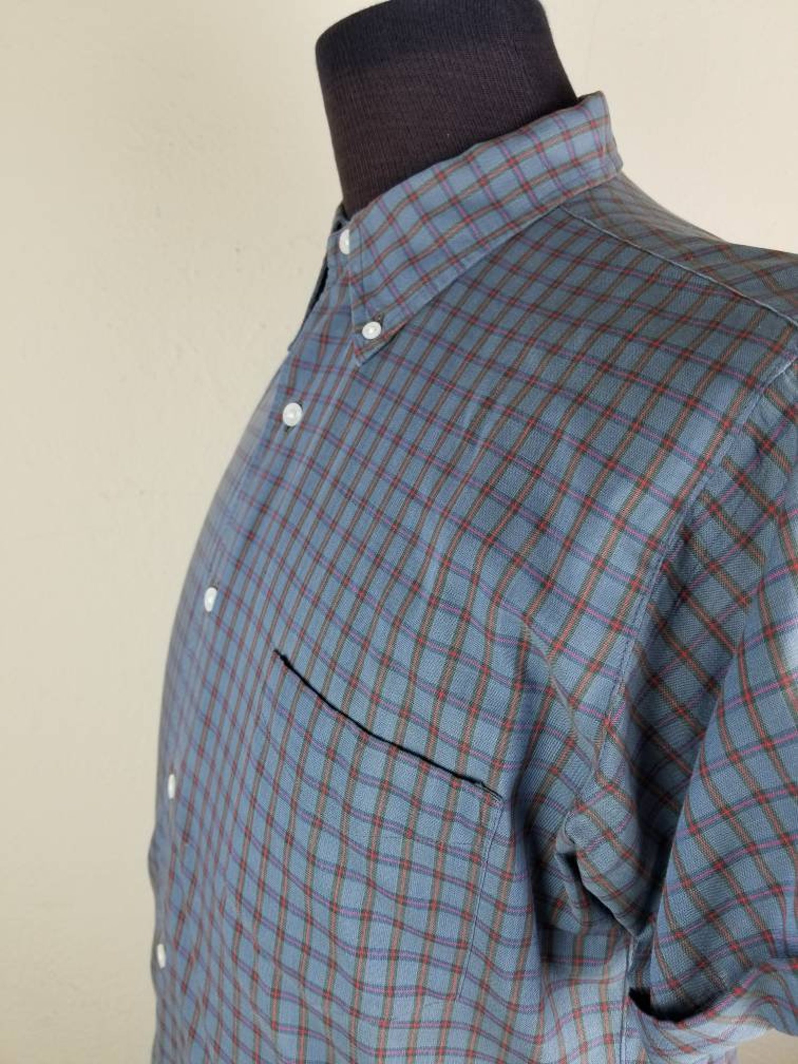 50s Shirt, Rockabilly 1950s Mens Plaid Blue Short Sleeved Shirt 44 Long ...