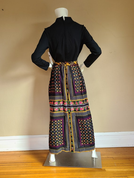 60s gown, long mod dress volup black with colorful s… - Gem