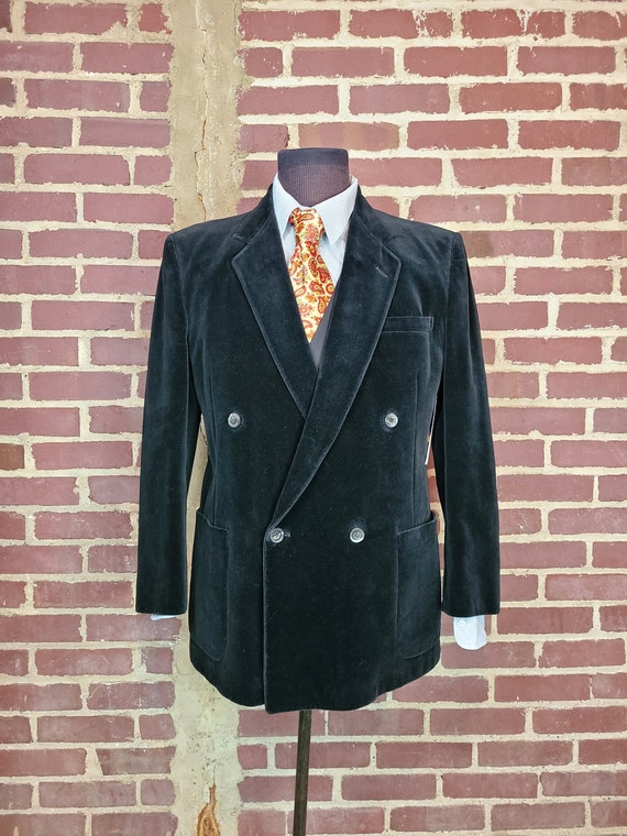 60s velvet blazer, black velvet, double breasted, Pi… - Gem