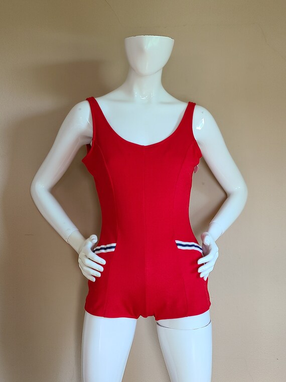 Vintage Swimsuit 1960s Red Abstract Print Bathing Sui… - Gem