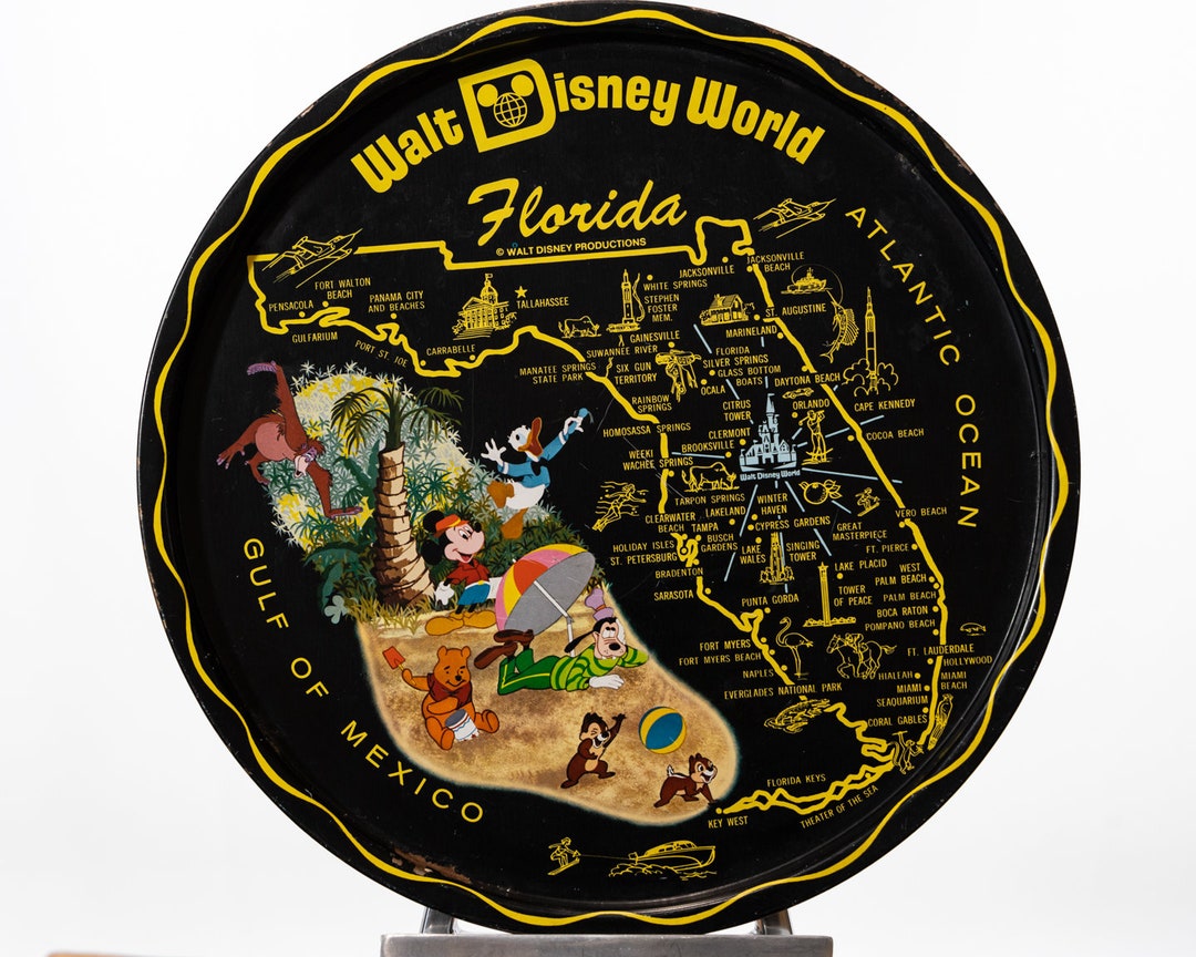 Vintage 70s Walt Disney Florida Map Tin Tray - Etsy