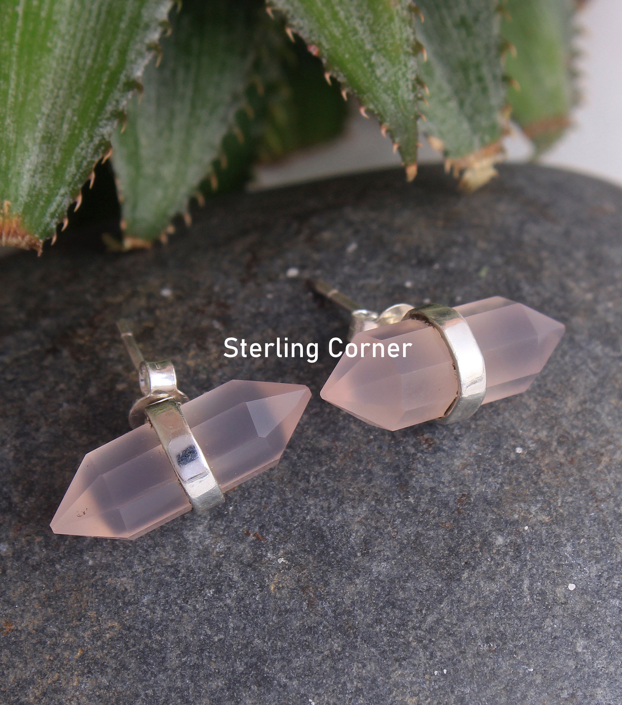 Pencil stone Stud earring Rose quartz stud 925 sterling | Etsy