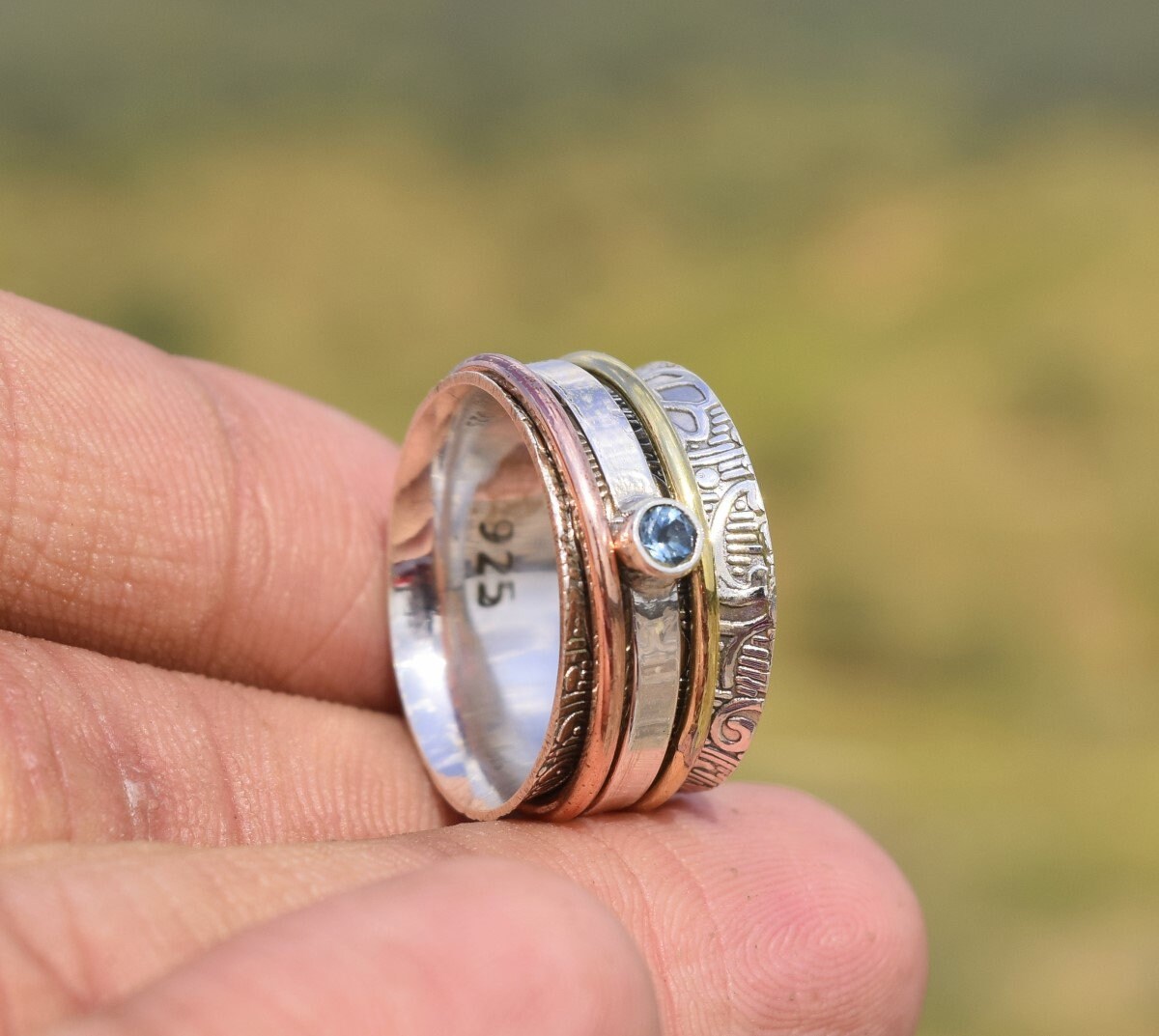 Blue Topaz Gemstone Ring Texture Band Spinner Ring Silver | Etsy