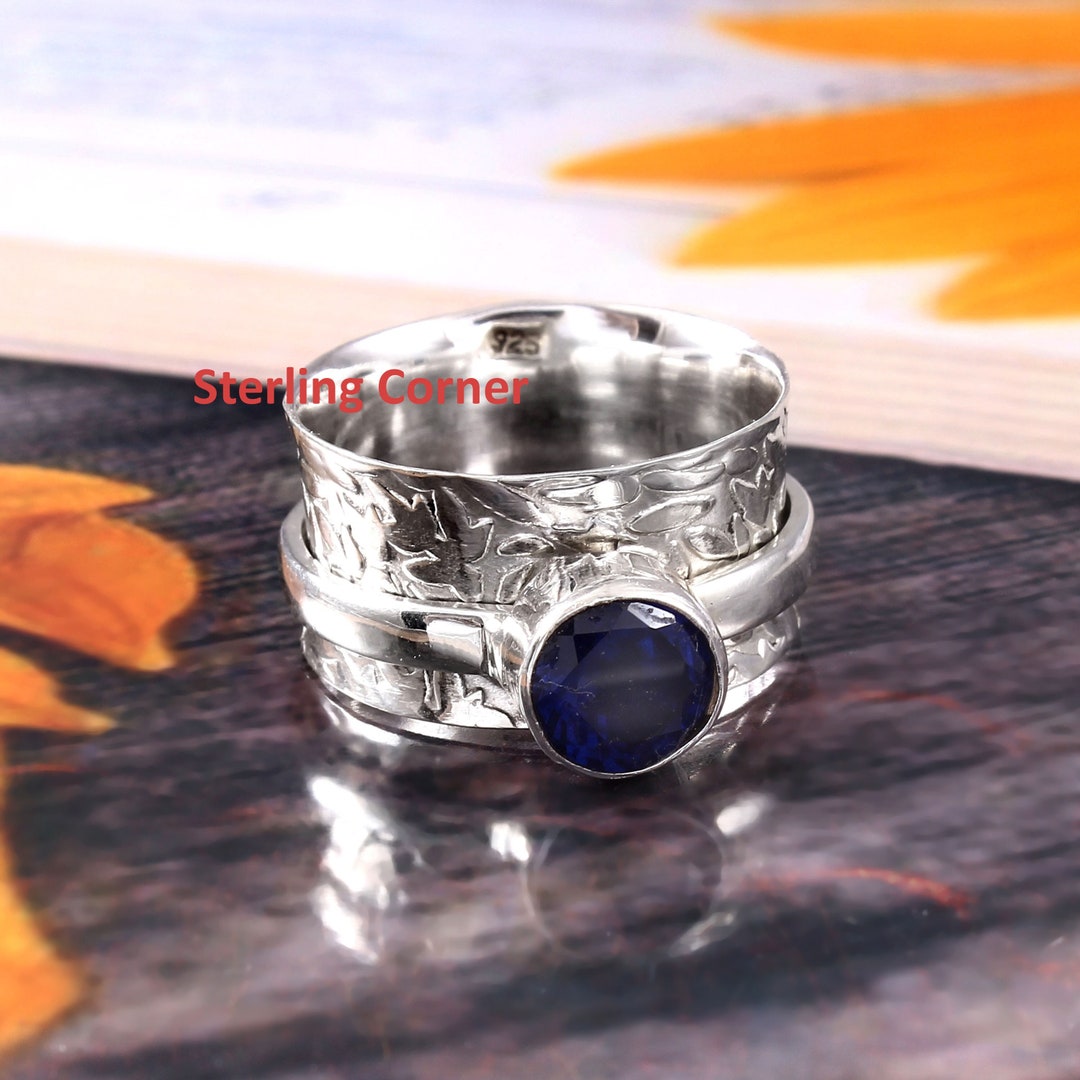 Blue Sapphire Ring, Silver Spinner Ring, All Gemstone Ring, Spinning ...