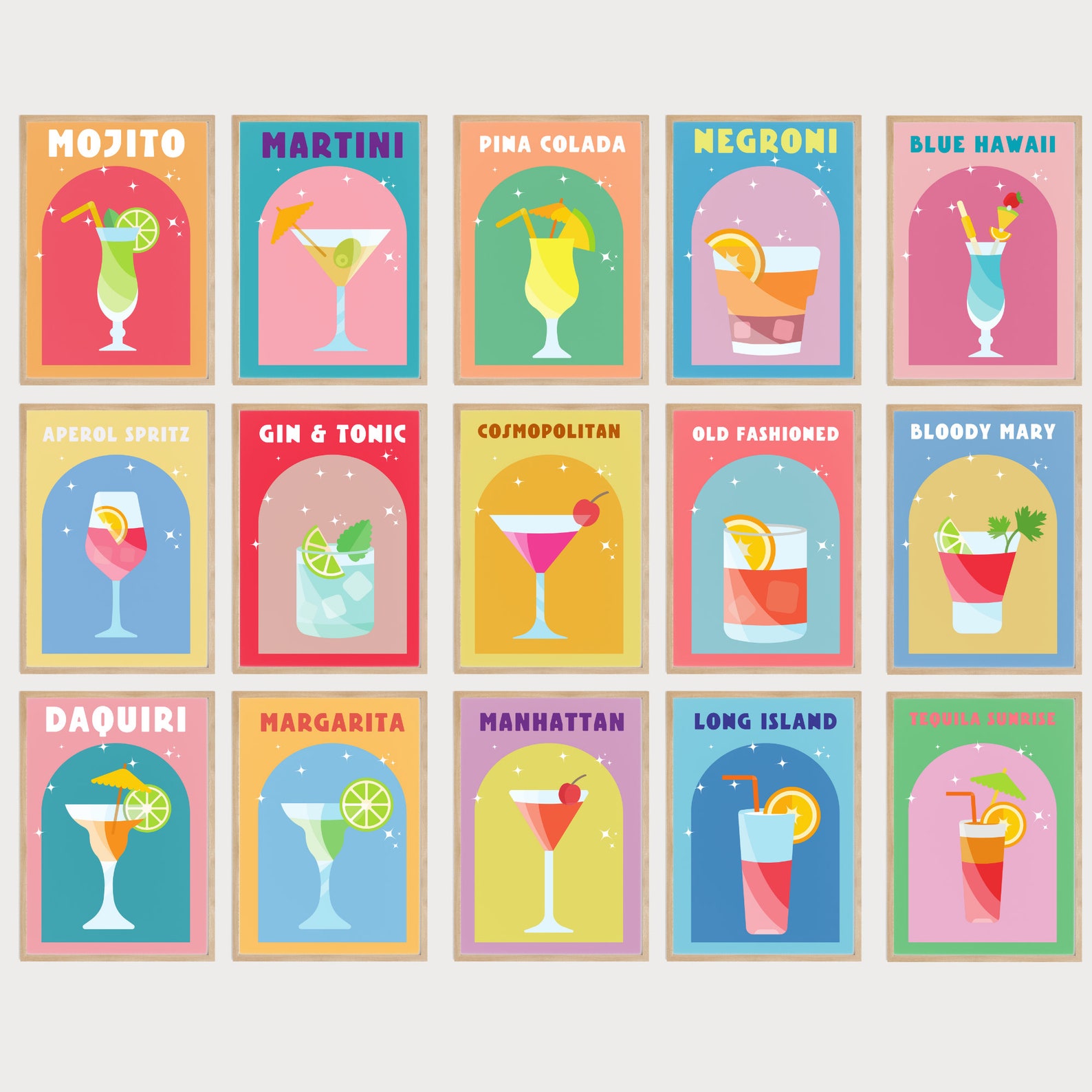 Cocktail Print Set of 15, Colorful Bar Cart Gallery Wall Set, DIGITAL ...