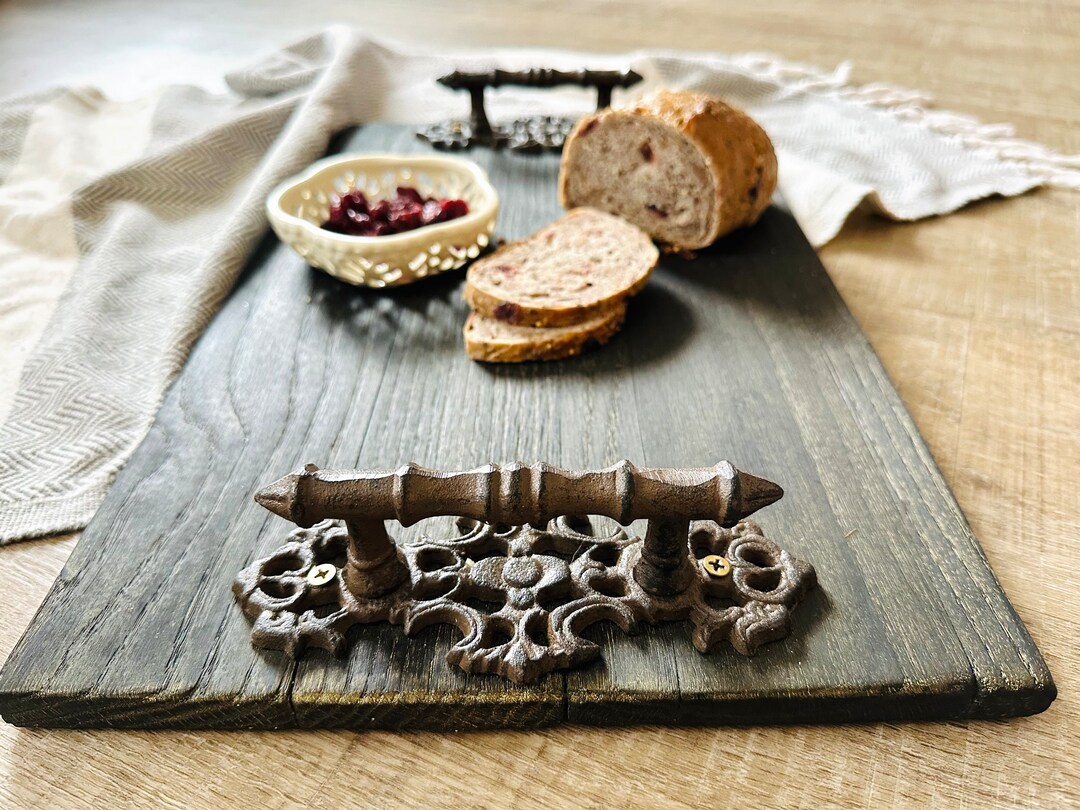 Hand Crafted Rustic Oak Wood Serving Tray With Antique Iron Handles and ...