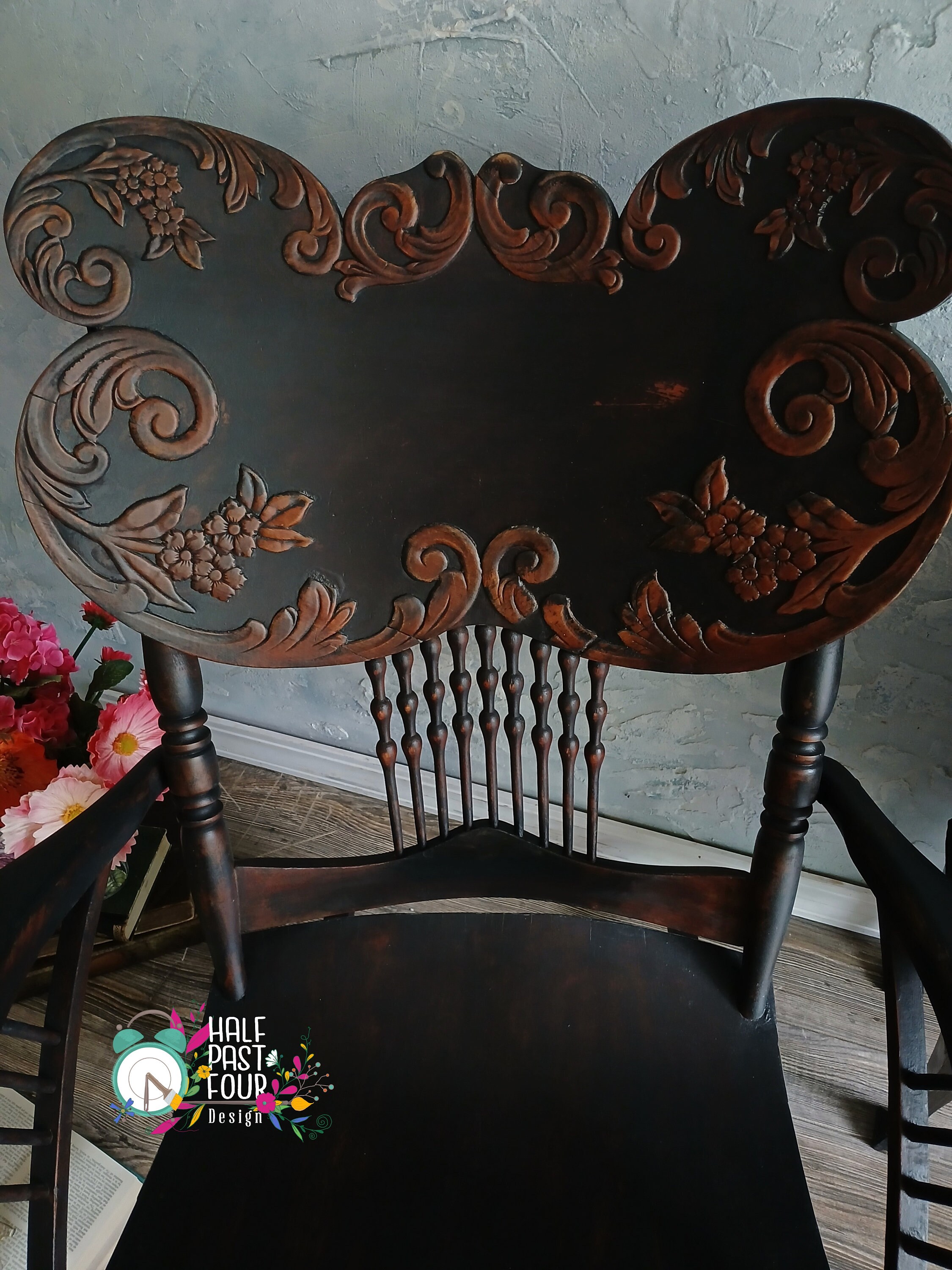 Painted Black Antique Rocking Chair, Wood Rocker, Beautiful Carved ...