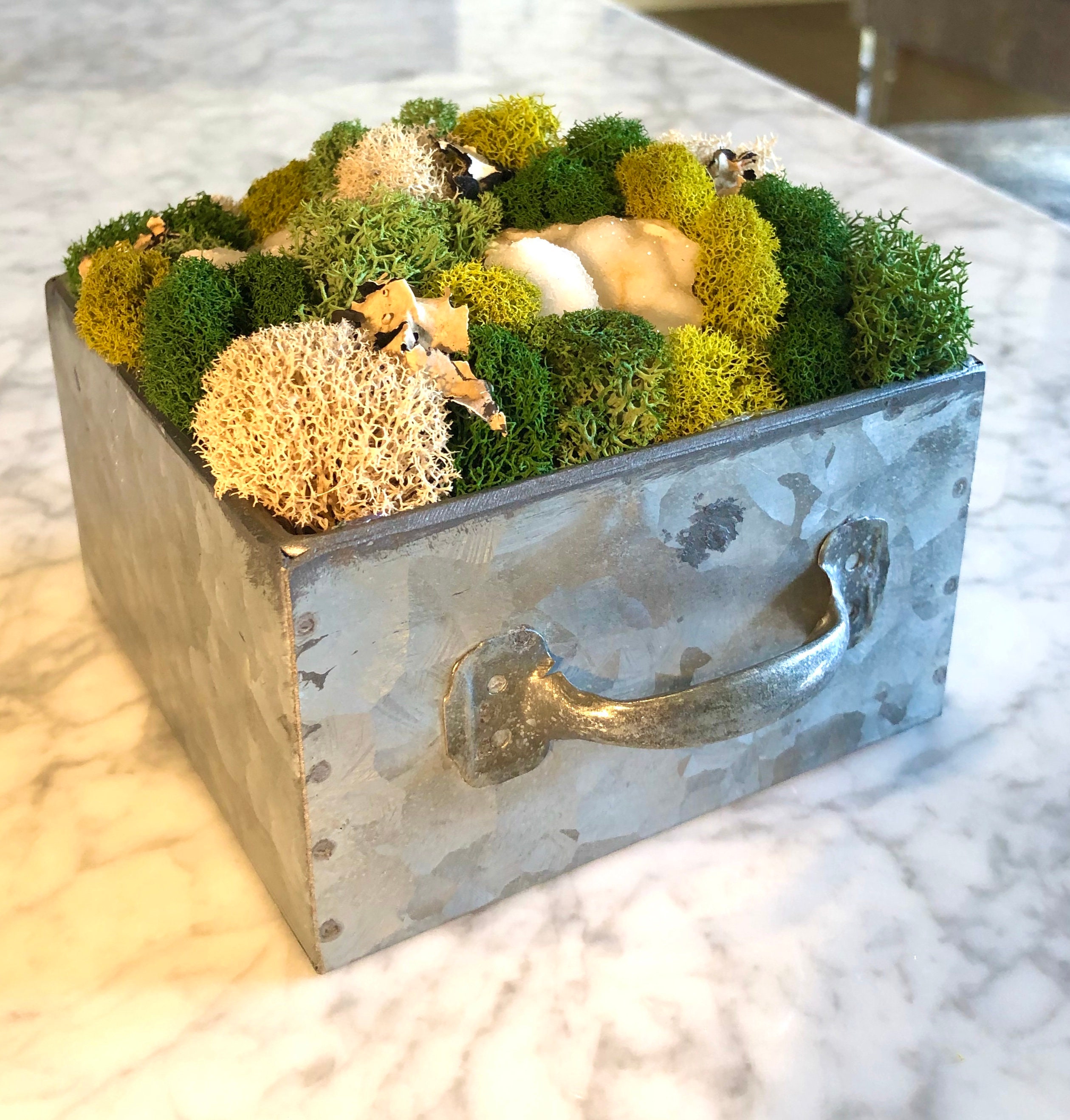 Moss & Crystal Arrangement in Metal Drawer Cube - Etsy
