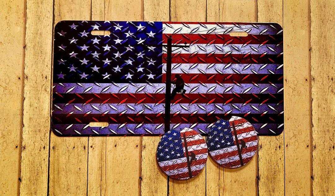 USA Flag Lineman Design Patriotic Front License Plate for Car and Truck ...