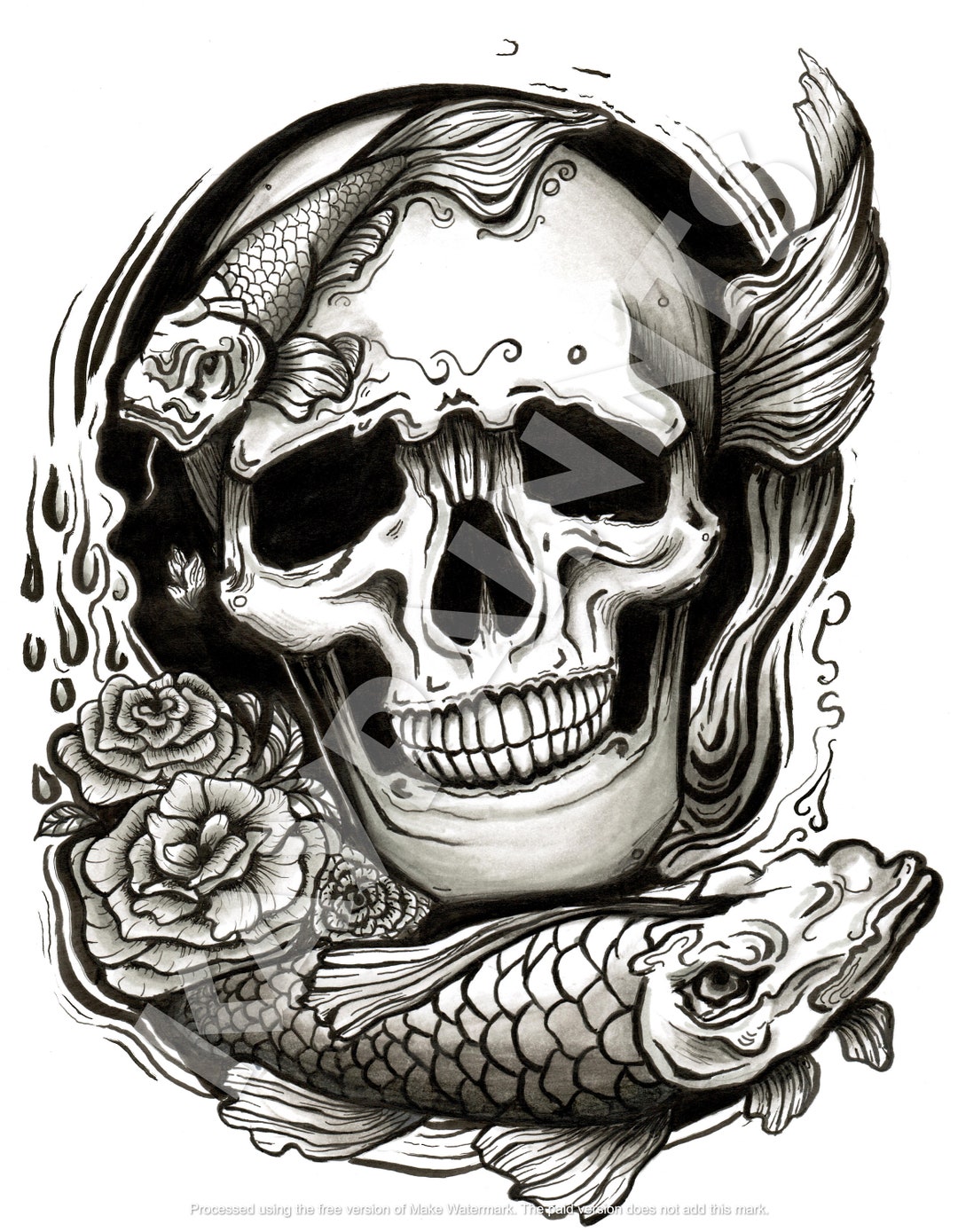 Skull and Fish Drawing Print - Etsy