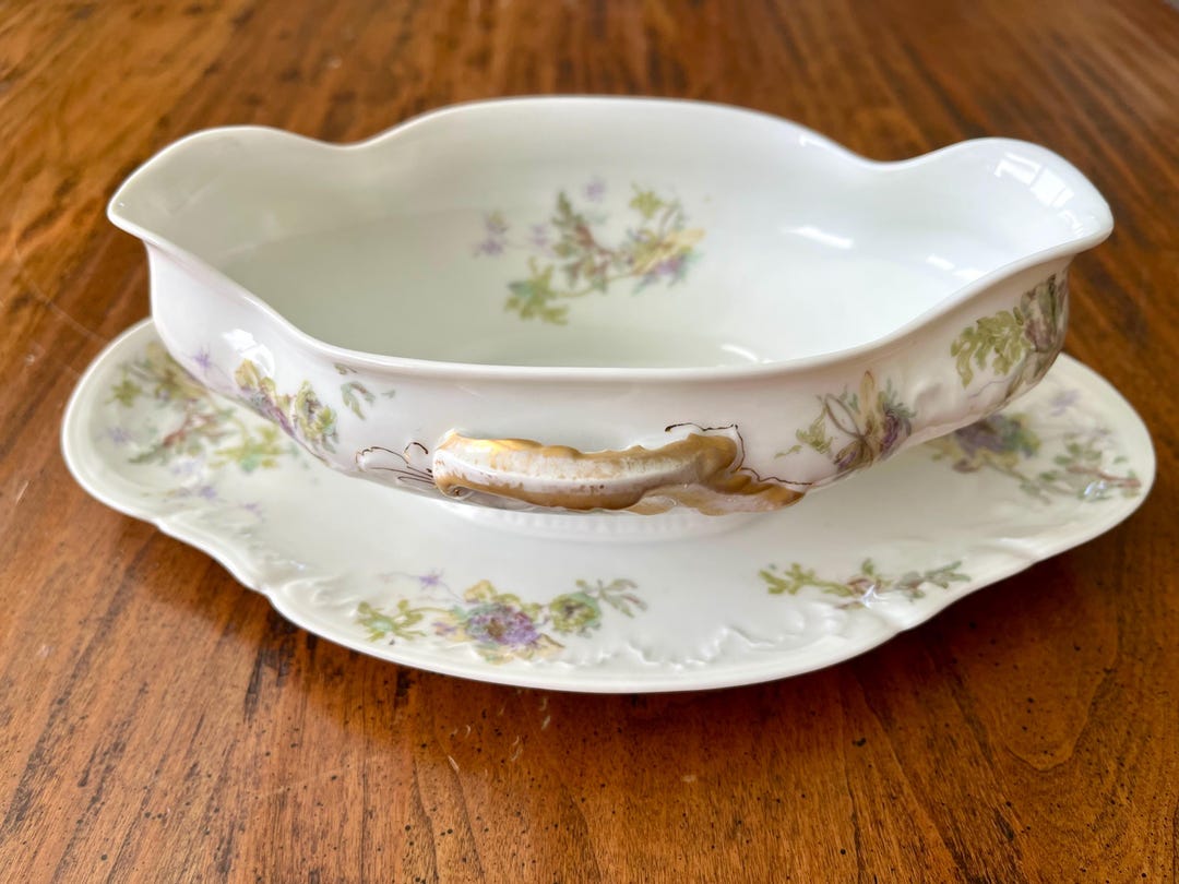 Vintage Haviland Limoges Gravy Boat, Attached Underplate, Sprigged ...