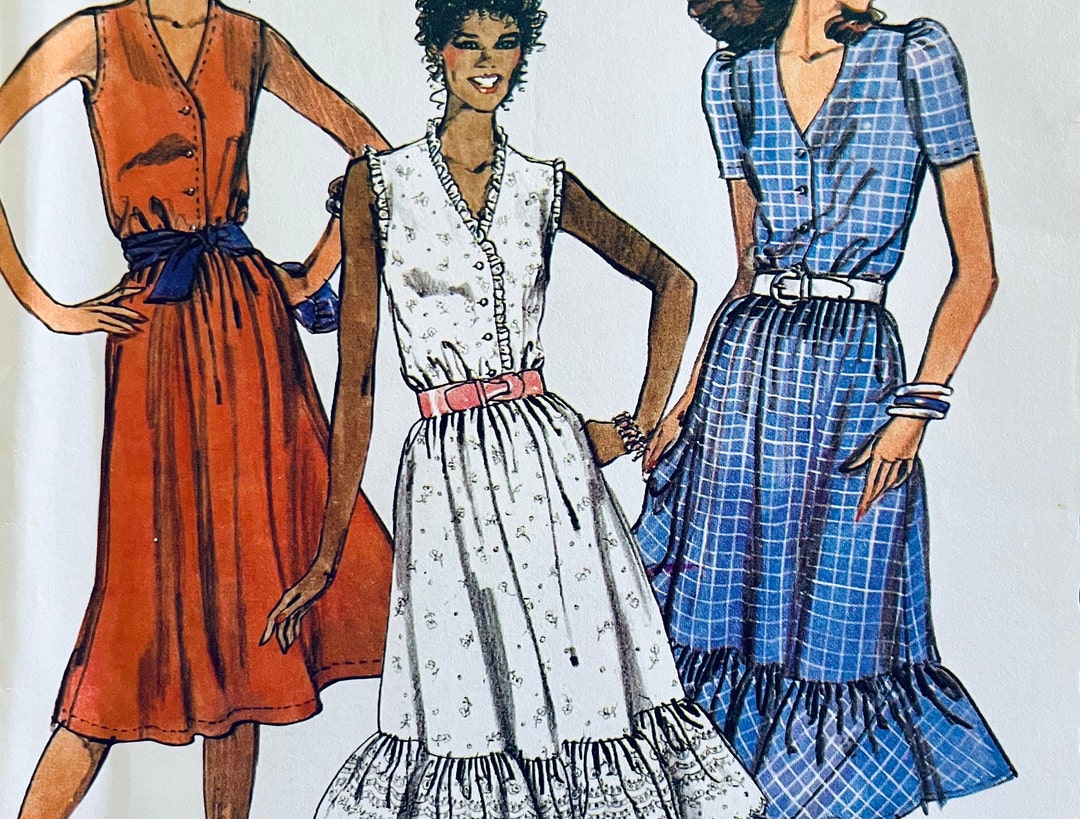 UNCUT 1981 Mccall's 7543 Misses' Button Bodice Prairie Midi Dress With ...