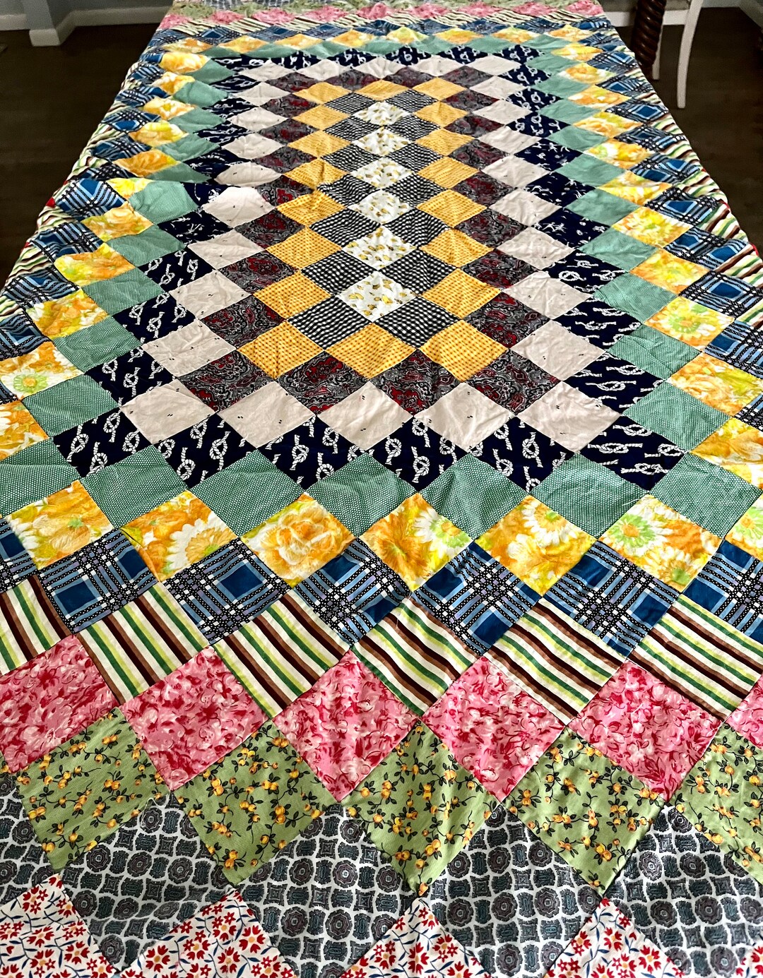 63" Wide X 82" Long Hand-pieced Vintage Quilt Top Using Retro Fabrics ...