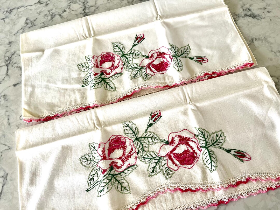 Vintage Standard-sized Embroidered and Crocheted-edge Pillowcases, Set ...
