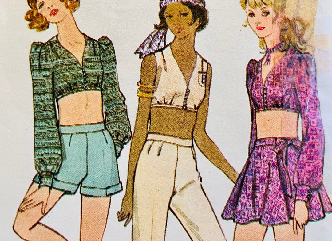 UNCUT 1970's Butterick 5768 Junior Petite Cropped Top, Wrap Mini Skirt ...