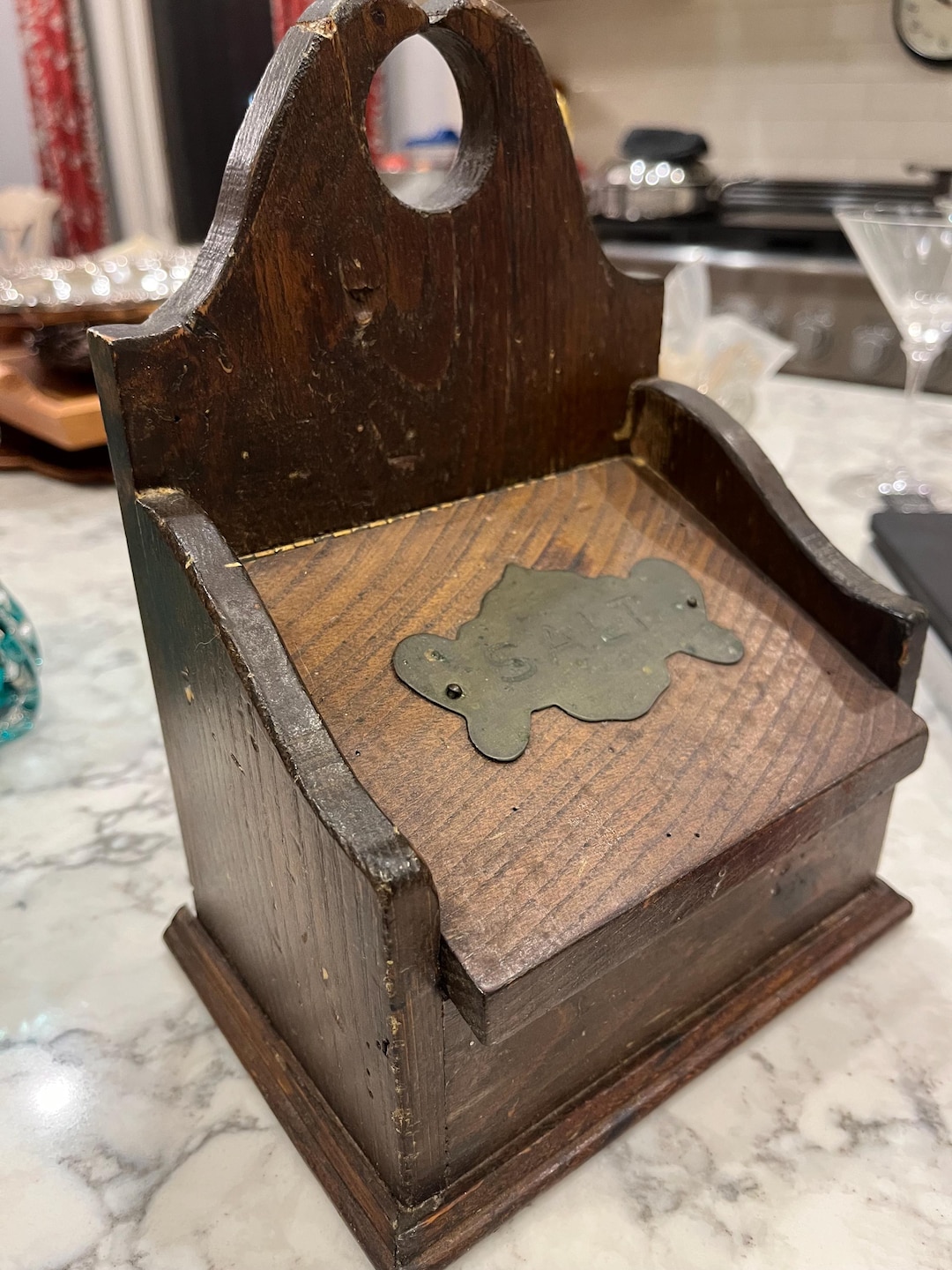 Primitive Wooden Salt Box With Hinged Lid, Metal Plate With Salt ...
