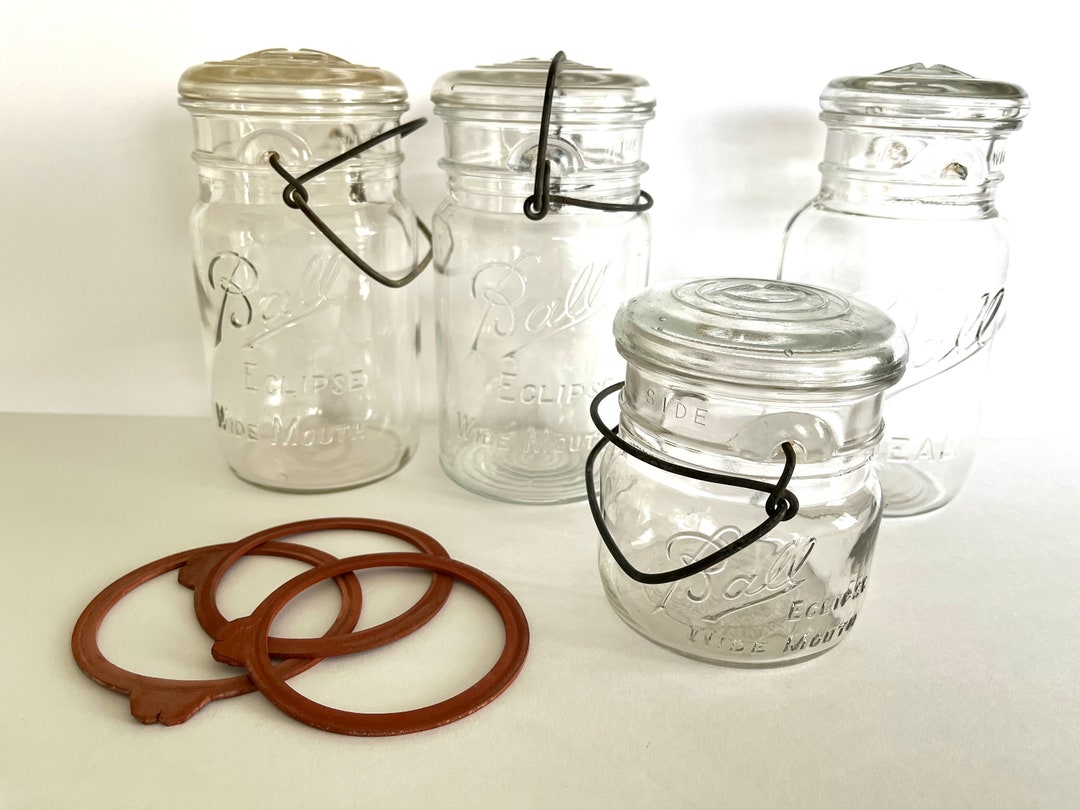 Set of 4 Vintage Ball Canning Jars With Glass Lids, Wire Bales on 3 ...