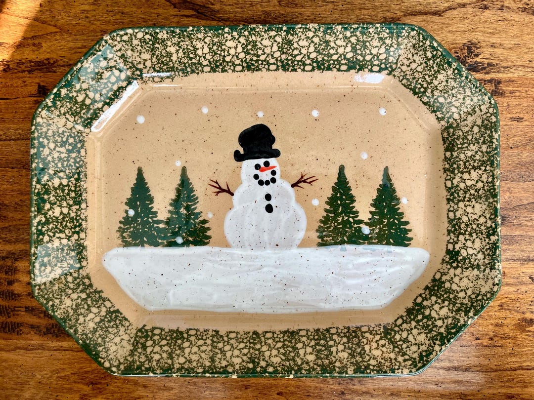 1997 Three Rivers Pottery Snowman in Trees Tray With Shaped and Sponge ...