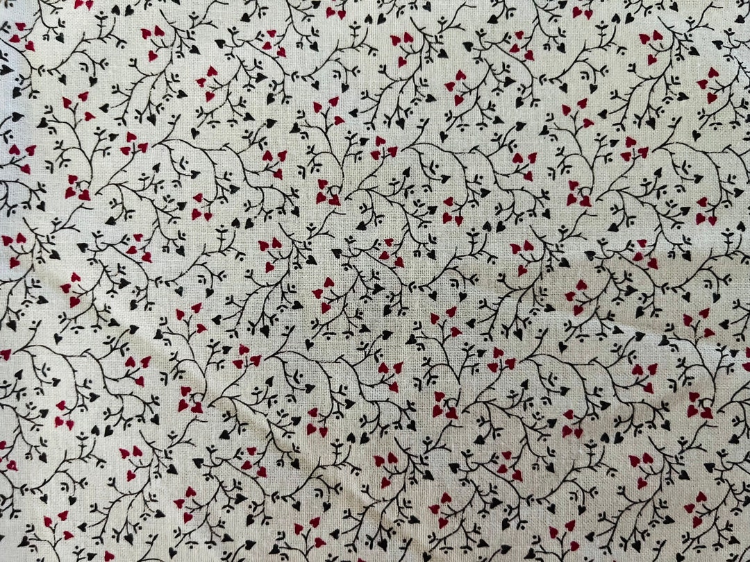 44" Wide X 1 Yard 16" Long Sprigged Floral Cotton Fabric, Tan With Red ...