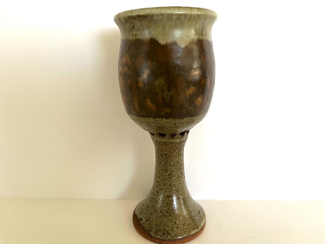 Signed Wheel-turned Clay Pottery Goblet in Mottled Gray-green With ...