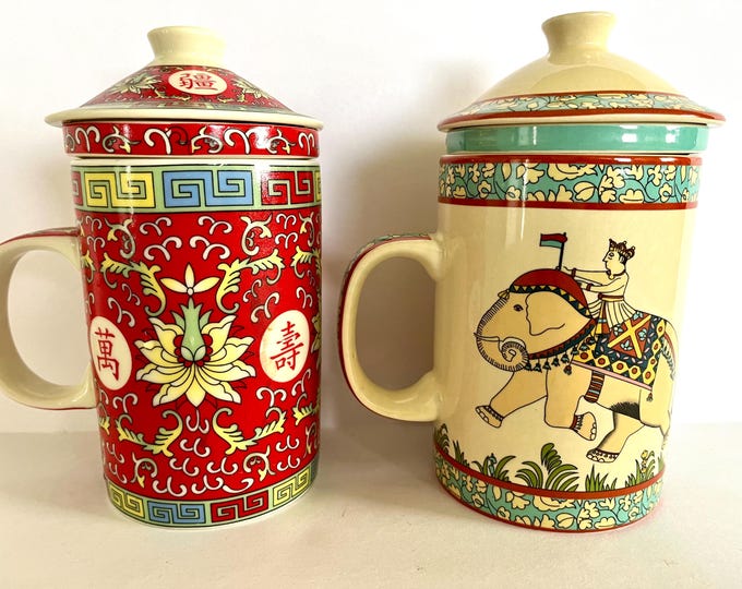 Ceramic Tea Mugs With Ceramic Strainers and Lids, One With Elephant ...
