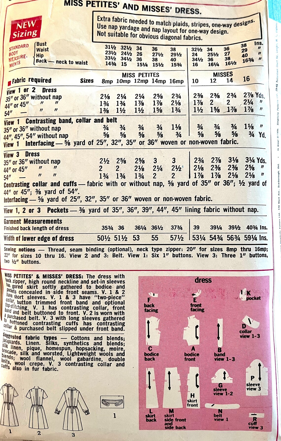 Complete 1969 Simplicity 8496 Misses' Gored Skirt Dress With Optional ...