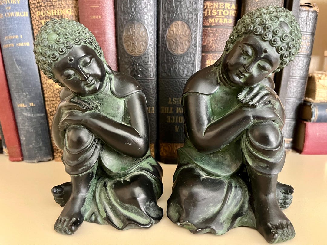 Set of 2 Thai Buddha Bookends in an Almost-black Green Color, Both With ...
