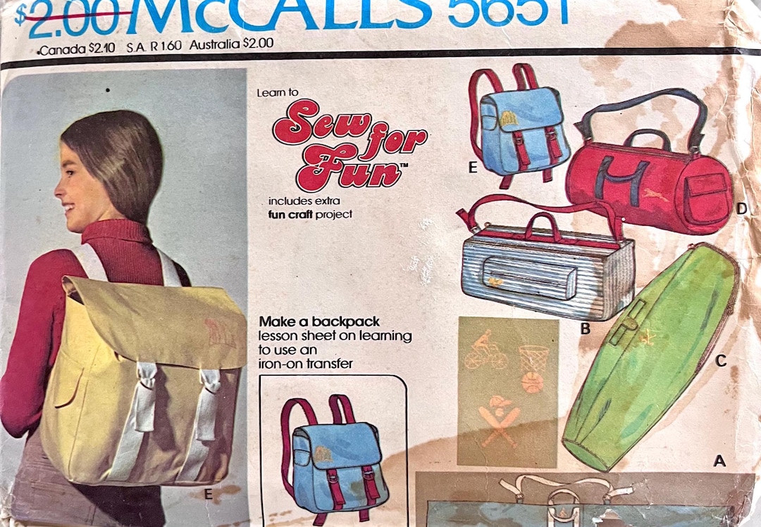 UNCUT 1977 Mccall's 5651 Backpack Tote Bag, Backpack Duffle, Shoulder ...