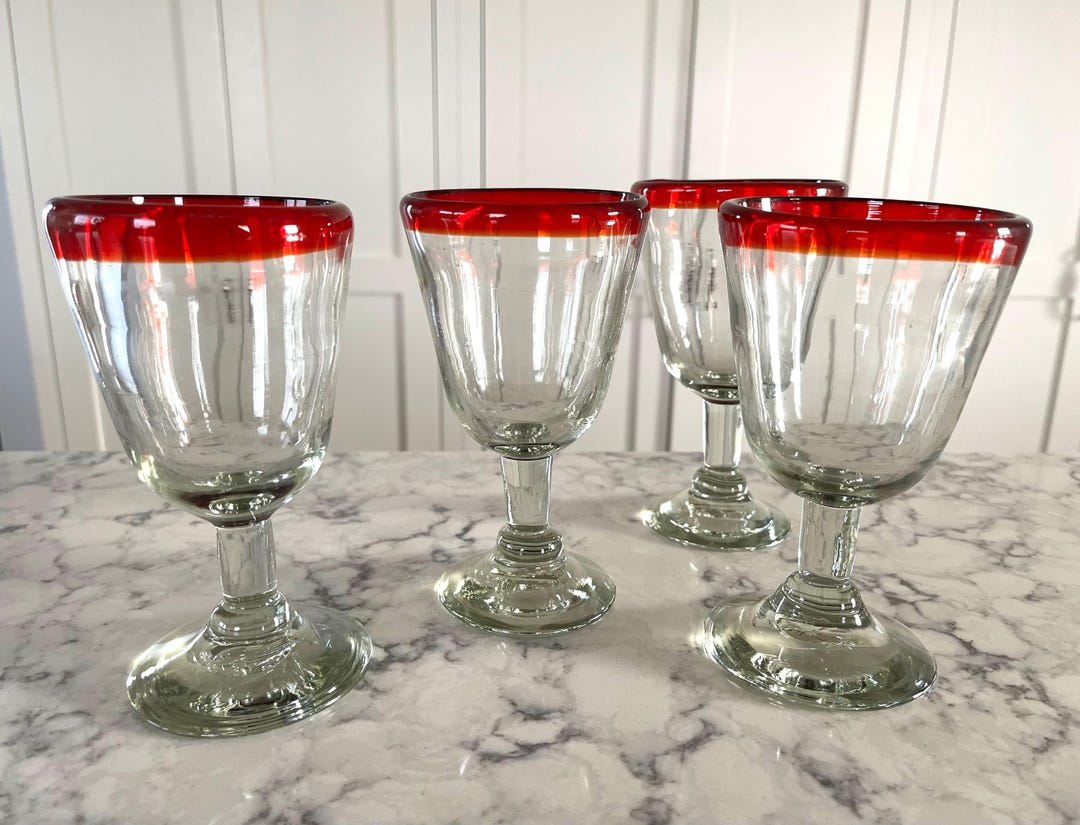 Set of 4 Hand-blown Glass Goblets Made in Mexico, Red Rims, Pontil ...