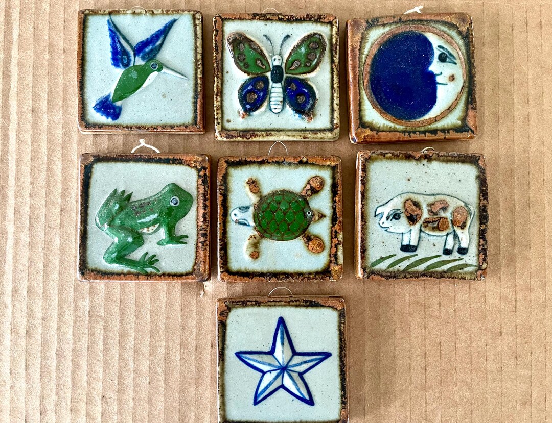 Mexican Tonala Tiles, Raised Relief Animals, Insects, Moon, Frog, Star ...